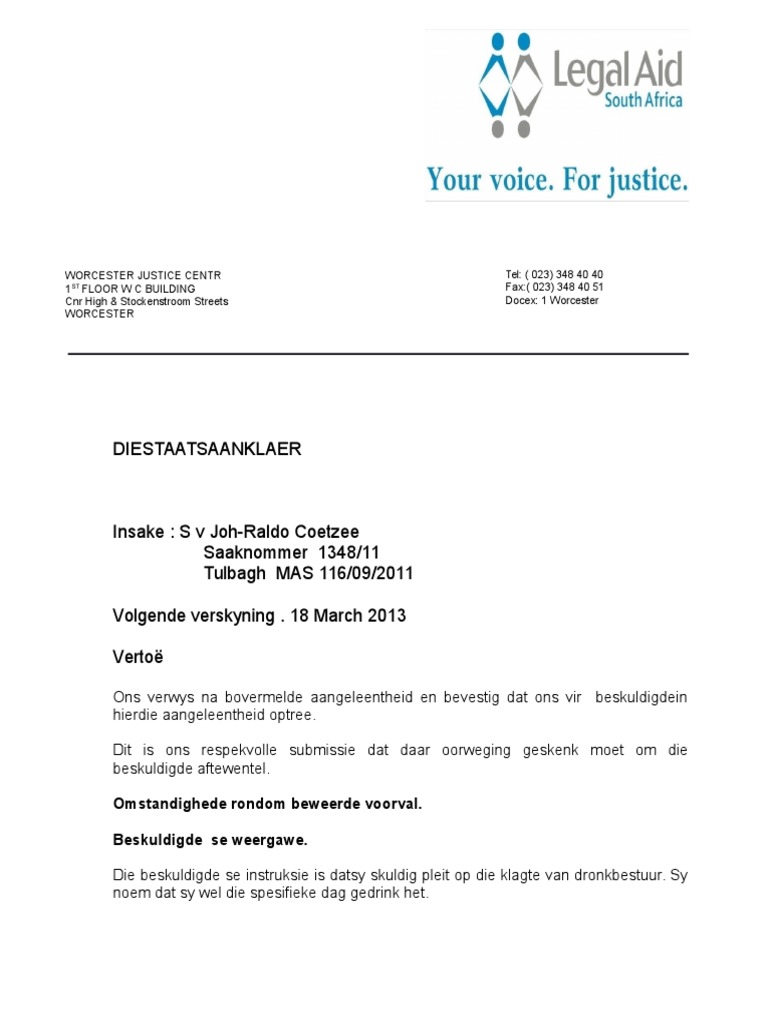 Brief Aan Staatsaanklaer Vertoe Vrdendal Versoek Pleit Onderhandelinge ...
