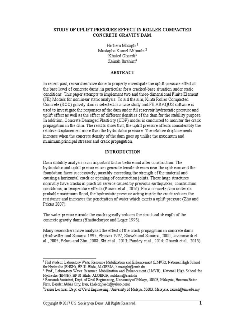 Study of Uplift Pressure Effect in Roller Compacted Concrete Gravity ...