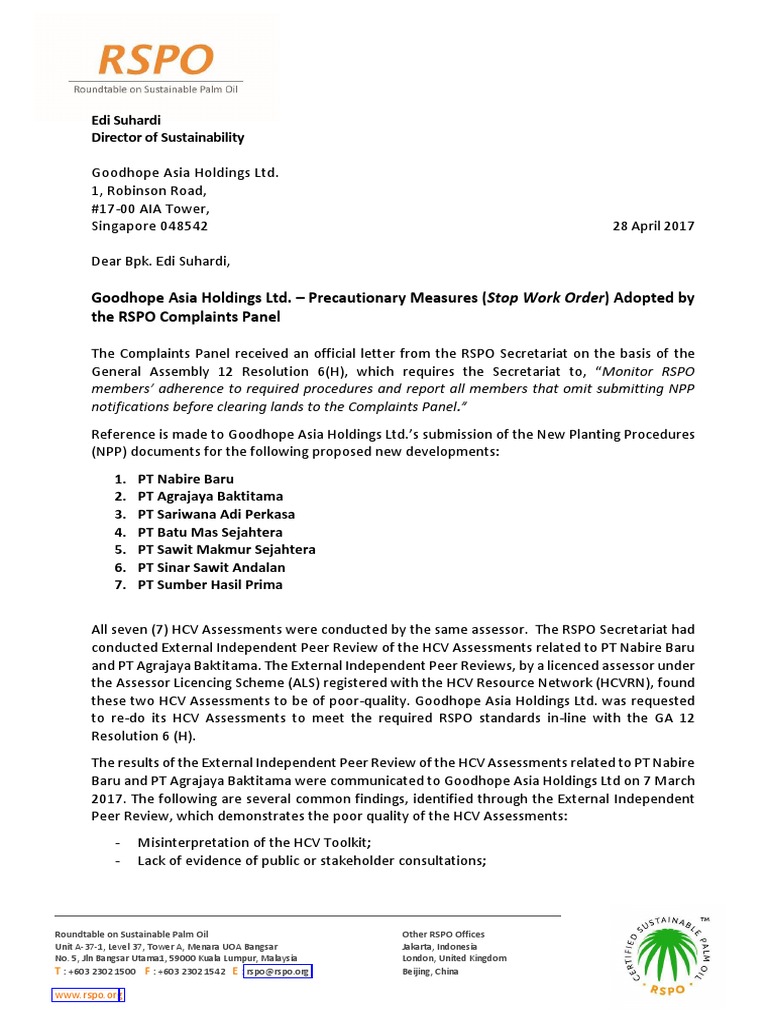 Official Letter From RSPO To Nabire Baru | PDF | Environmental Impact ...