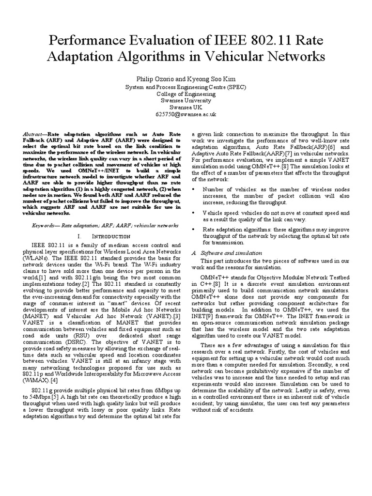 Performance Evaluation Of Ieee 802 11 Rate Adaptation Algorithms In
