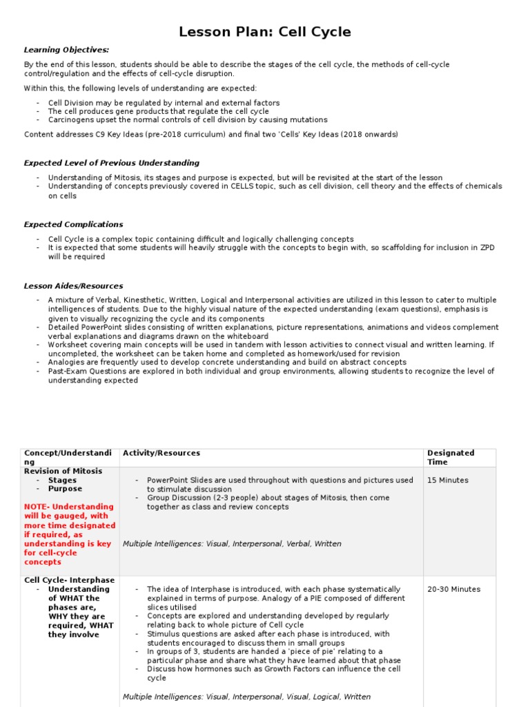 Cell Cycle Lesson Plan Final | PDF | Cell Cycle | Intelligence