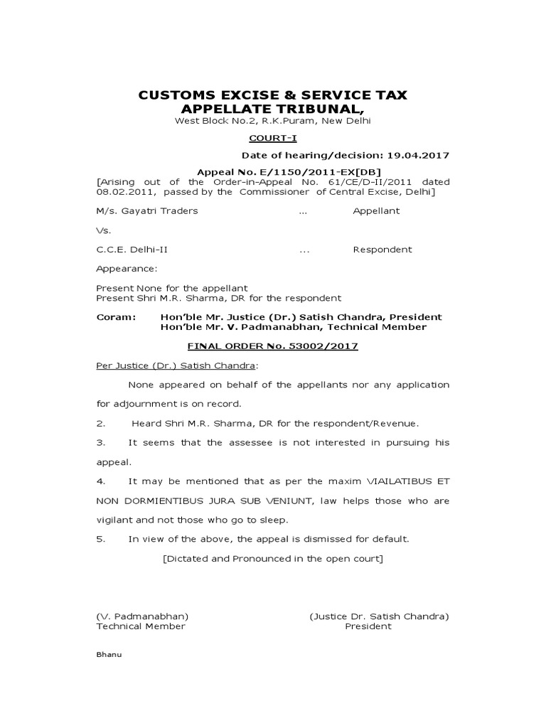 Customs Excise & Service Tax Appellate Tribunal,: Court-I | PDF