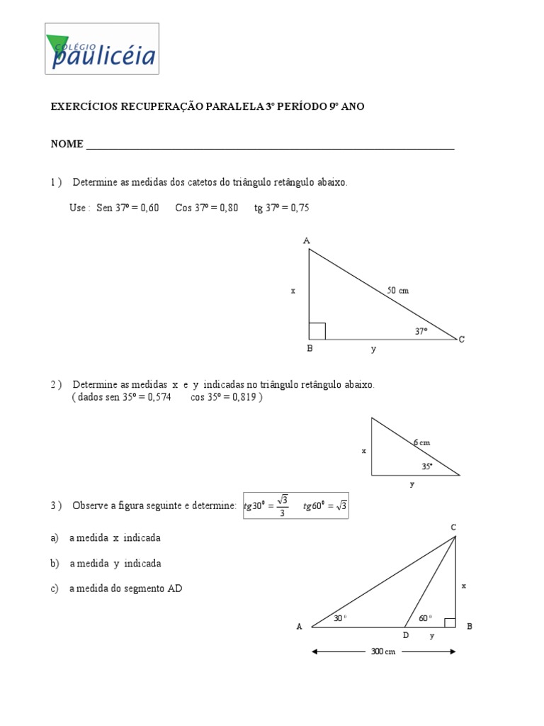 EXERCÍCIOS Razões Trigonométricas | PDF | Trigonometria | Triângulo