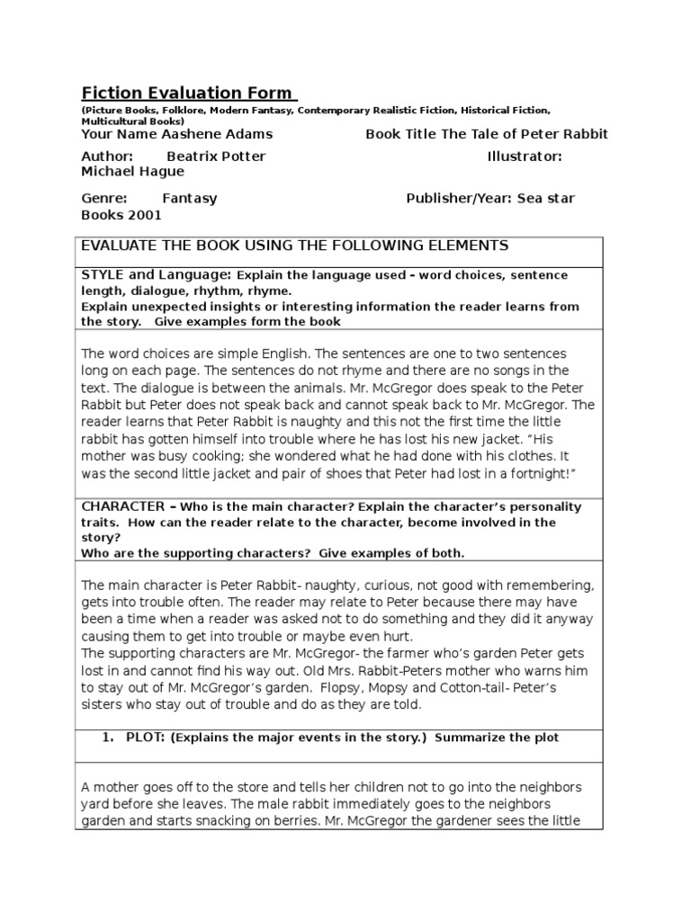 Fiction Evaluation Form: Evaluate The Book Using The Following Elements ...
