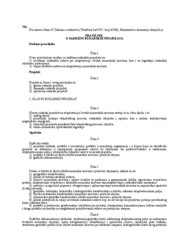 Pravilnik o Sadrzini Rudarskih Projekata | PDF