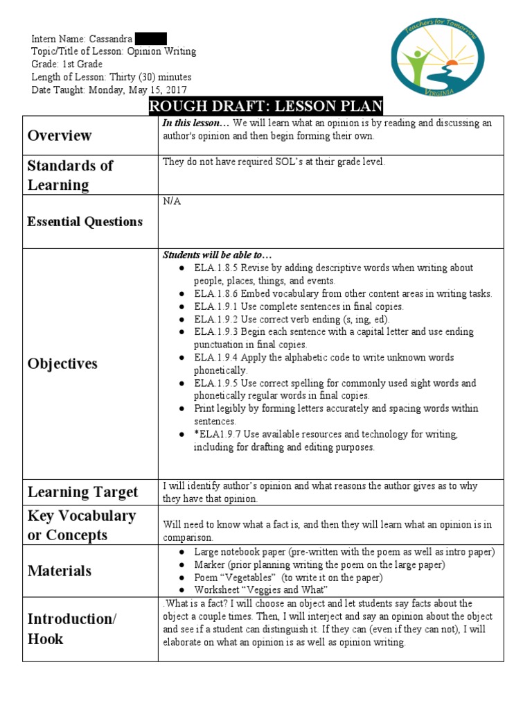 Rough Draft: Lesson Plan: Standards of Learning | PDF | Lesson Plan ...