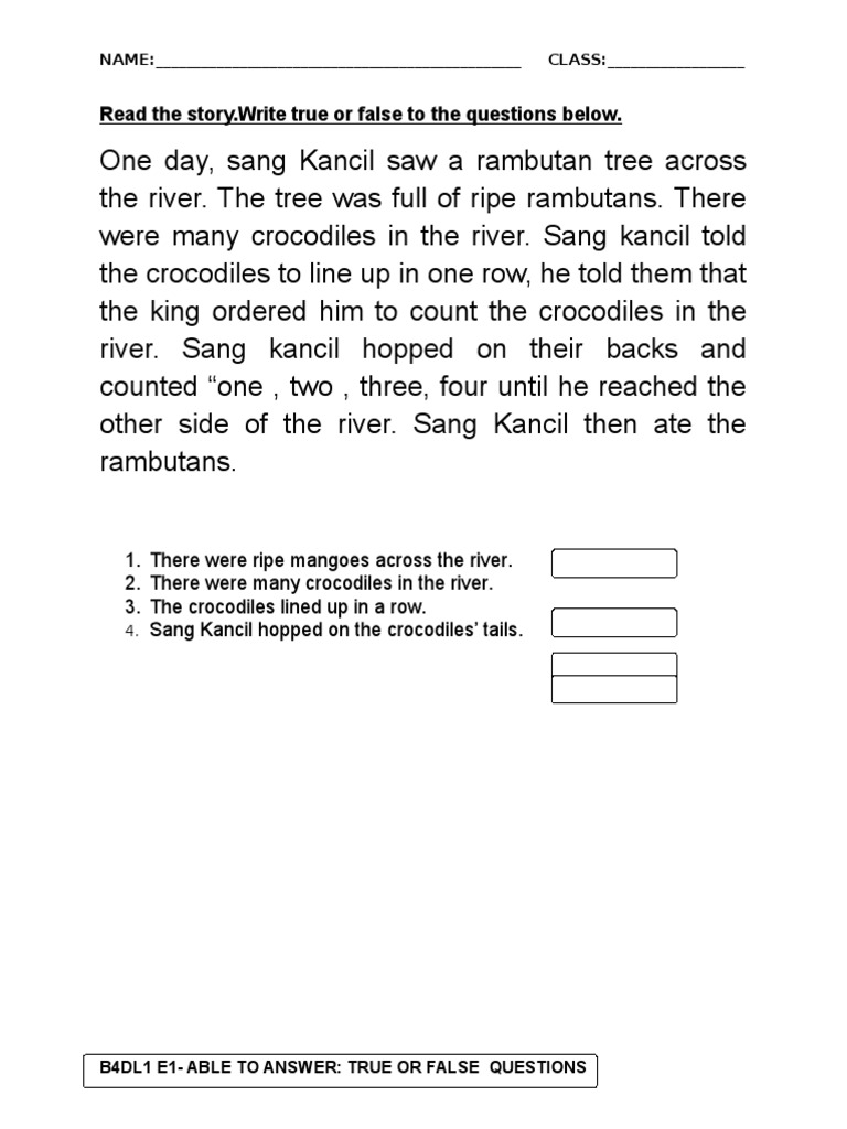 Read The Story - Write True or False To The Questions Below | PDF