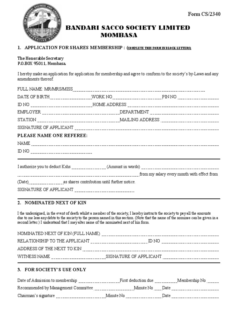 Bandari Sacco Membership Form | PDF