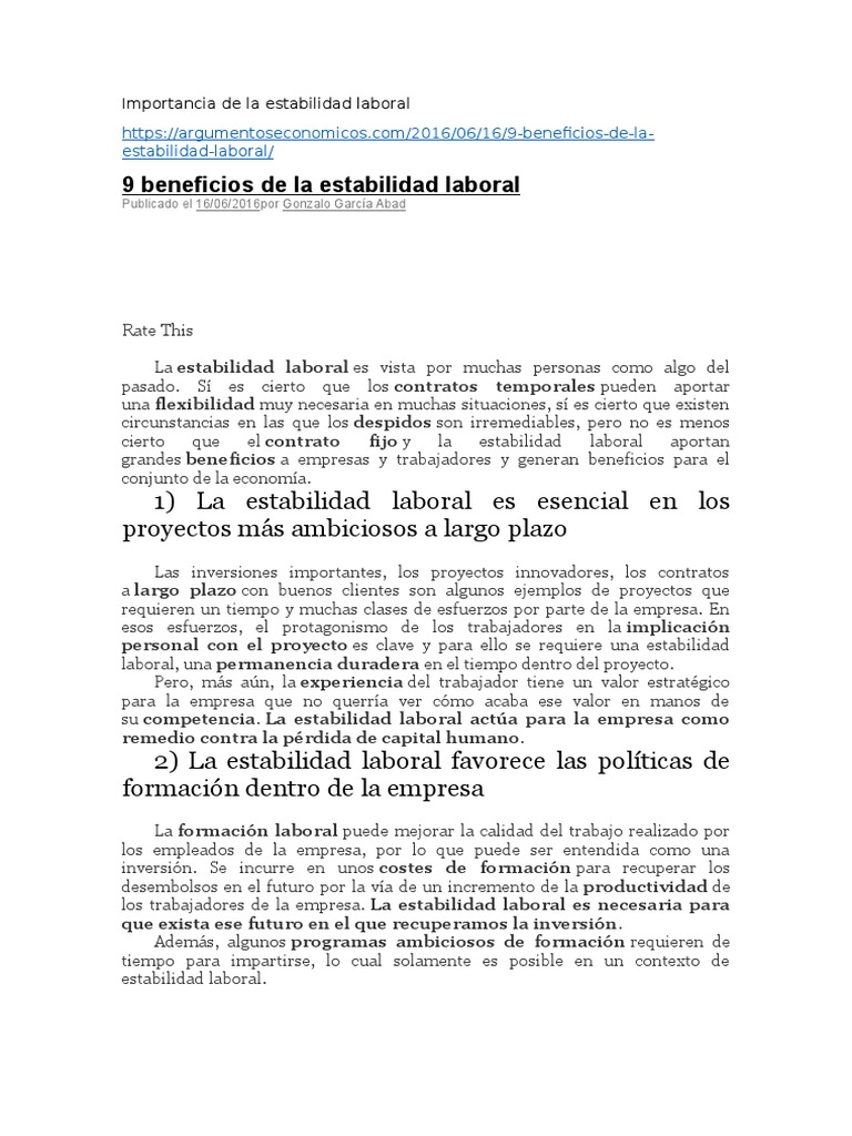 Importancia de La Estabilidad Laboral | PDF | Derecho laboral ...