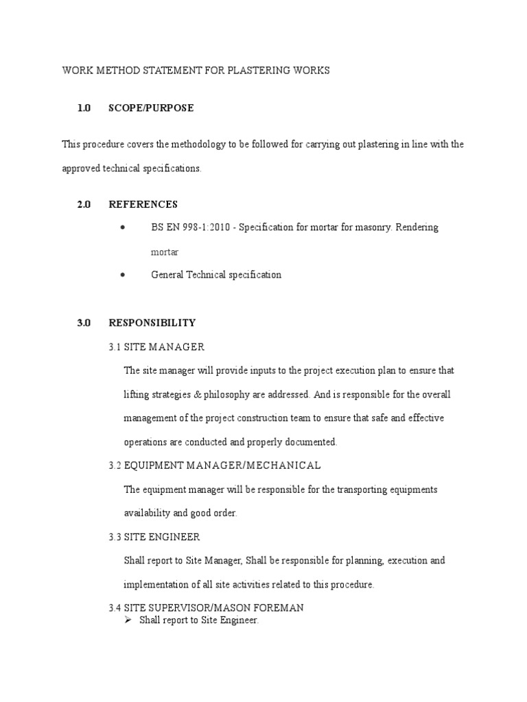 Work Method Statement For Plastering | Masonry | Plaster