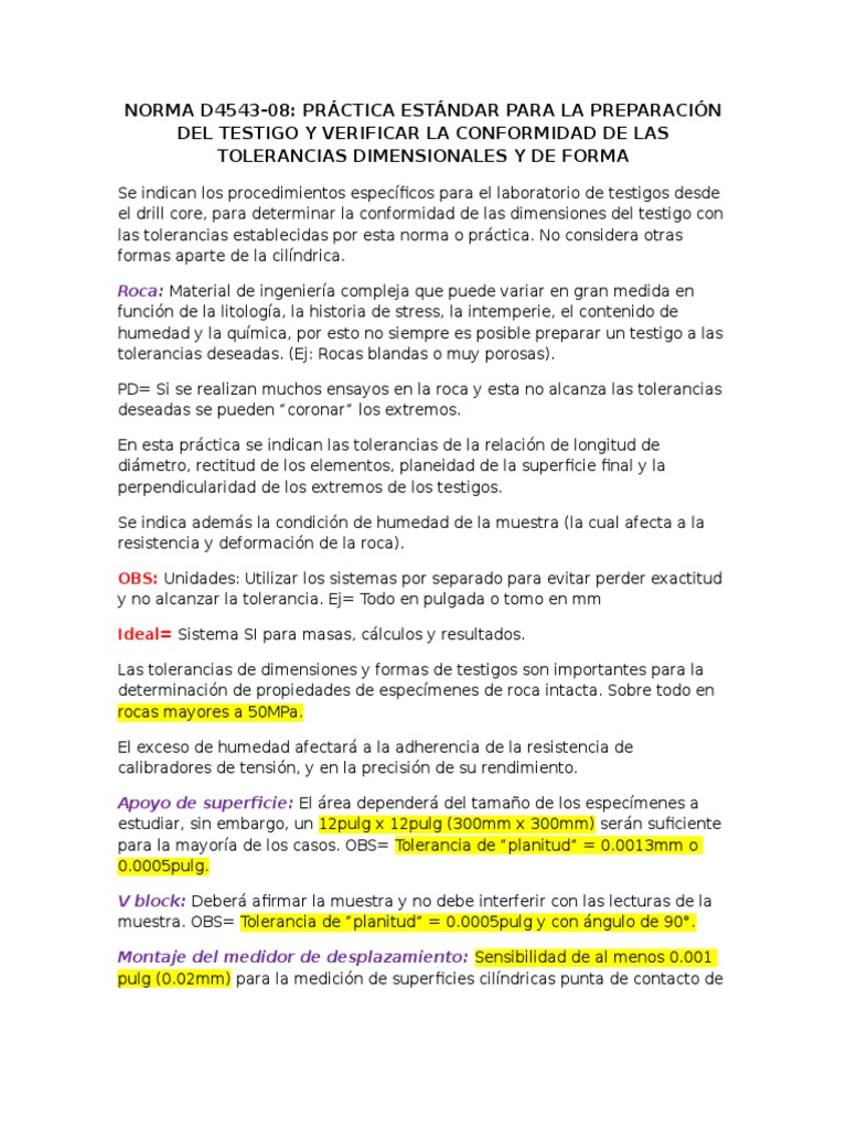 Norma D4543-08: Preparación de Testigos de Roca | PDF | Longitud ...