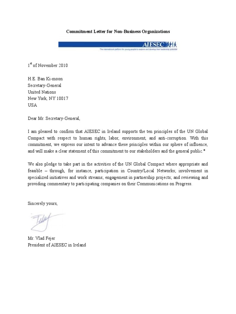Letter of Commitment AIESEC in Ireland | PDF