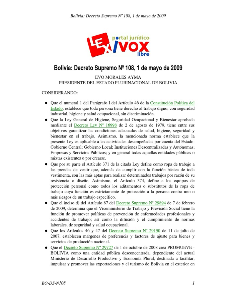 DS 108 PDF | PDF | Bolivia | Derecho laboral