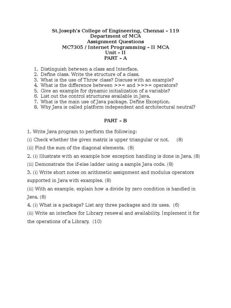 ST - Joseph's College of Engineering, Chennai - 119 Department of MCA Assignment Questions ...