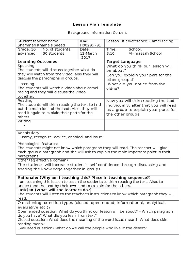 Lesson Plan Template: Learning Outcomes Target Language | PDF ...