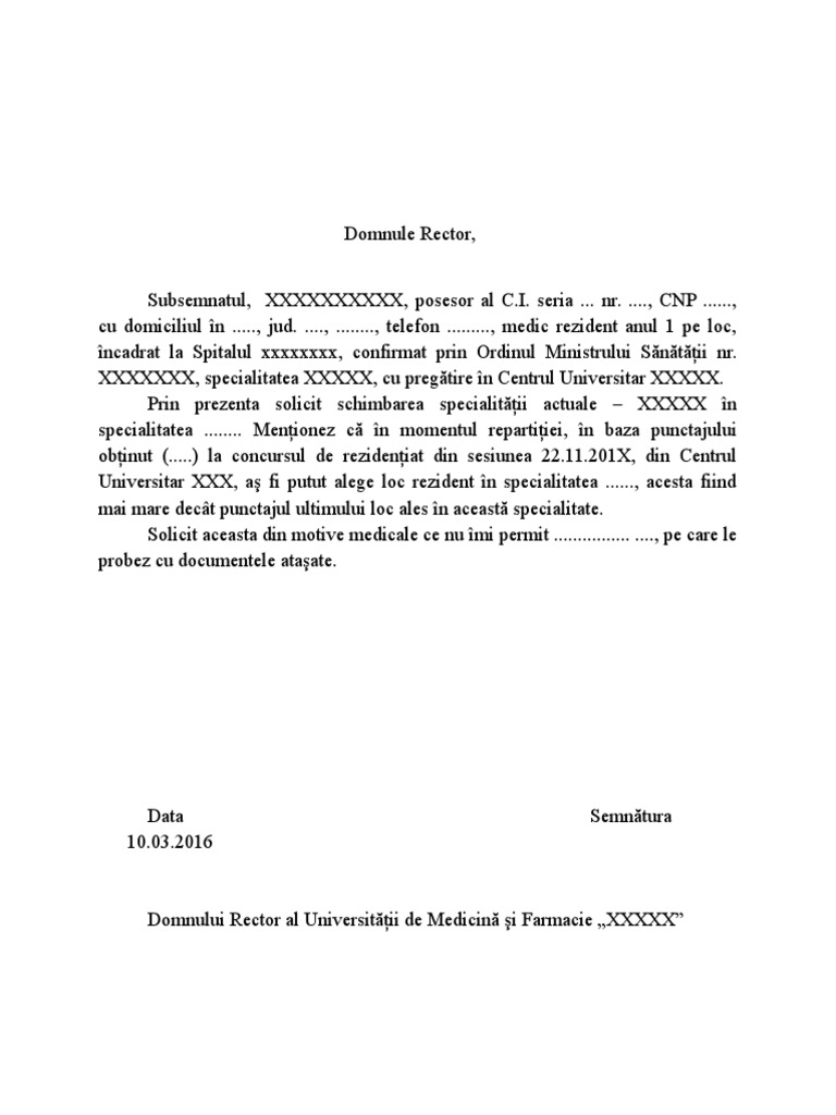 Model Cerere Schimbare Specialitate Rezidentiat | PDF