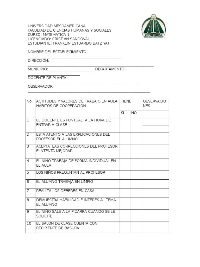 HOJAS DE OBSERVACION | Salón de clases | Maestros | Prueba gratuita de ...