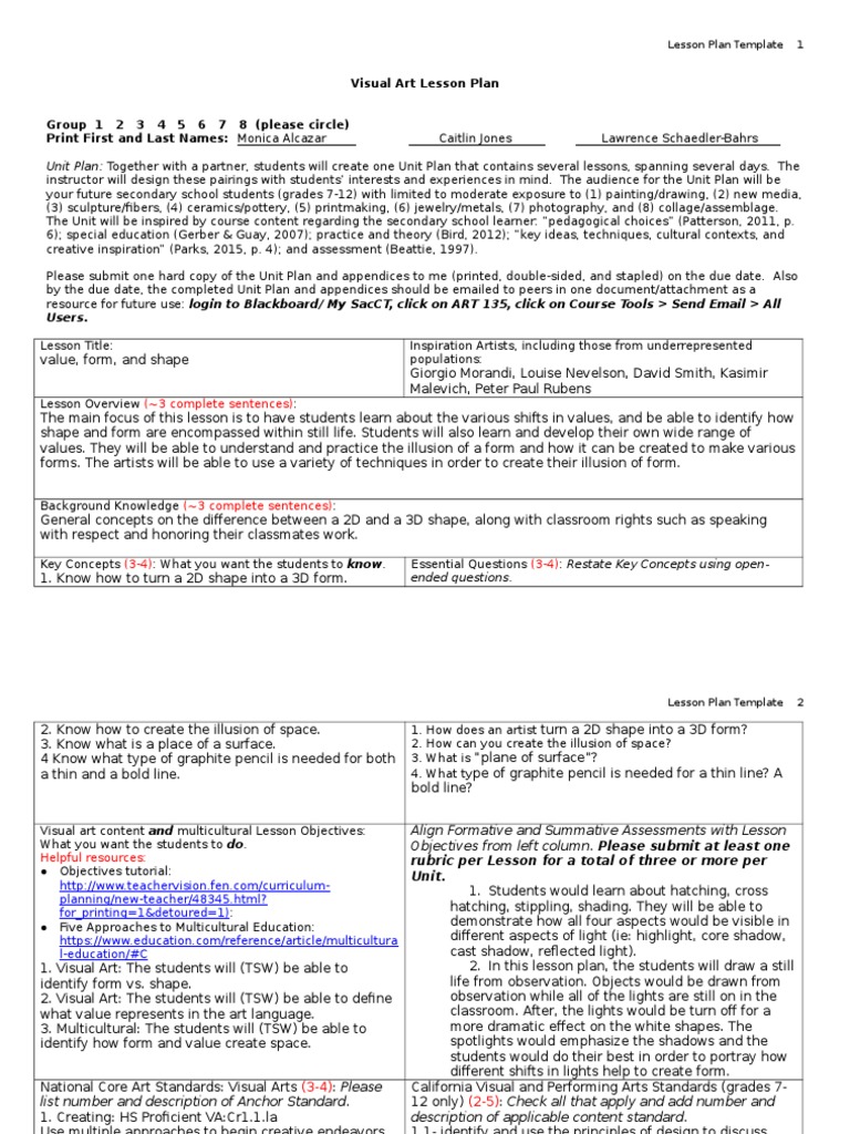 Visual Art Lesson Plan: Form and Value | PDF | Lesson Plan | Cognitive ...