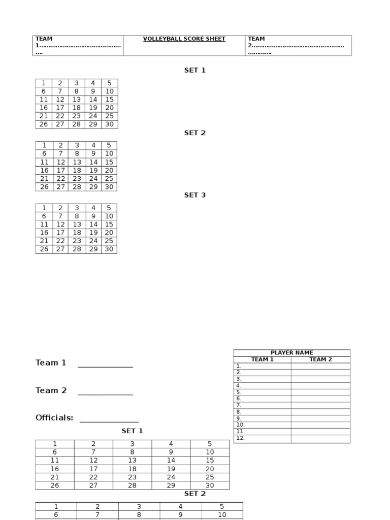 Team 1 . Volleyball Score Sheet Team 2 | PDF