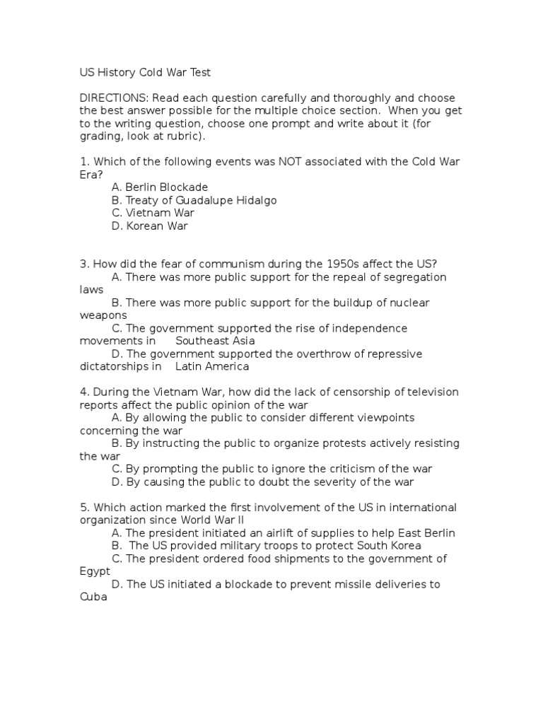 Cold War US History Test Questions | PDF | Cold War | Vietnam War