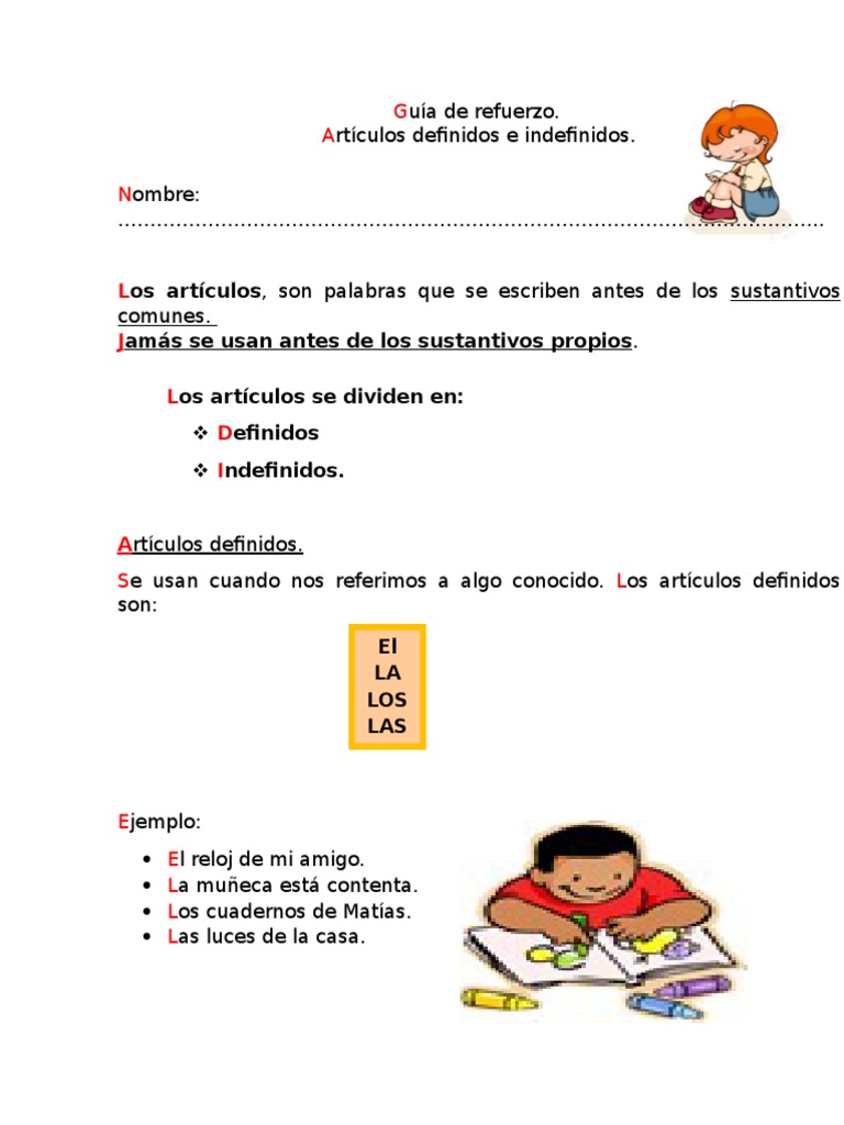 Guía de Refuerzo Artículos Definidos e Indefinidos | PDF