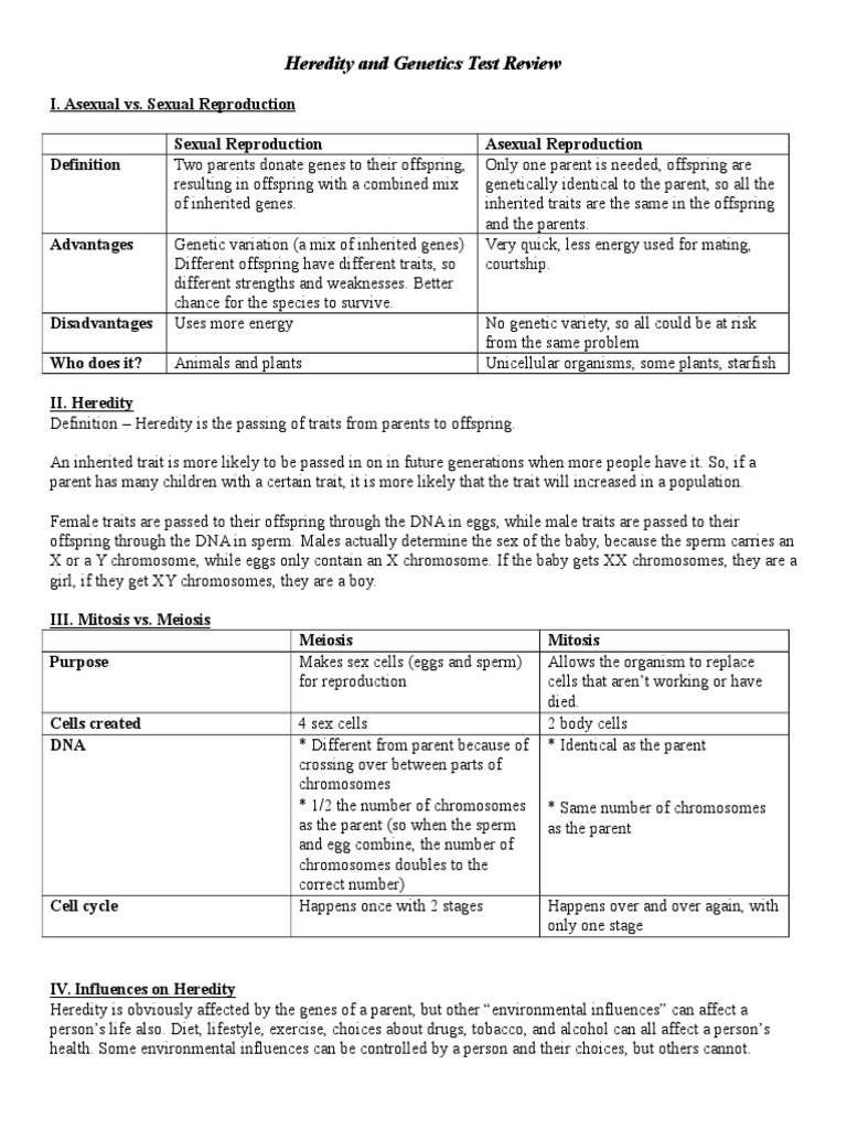 Heredity and Genetics Test Review: I. Asexual vs. Sexual Reproduction ...