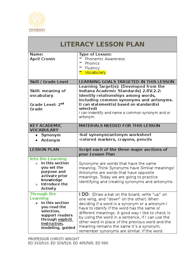 Literacy Lesson Plan: (I Can Statement(s) Based On Standard(s) Selected ...