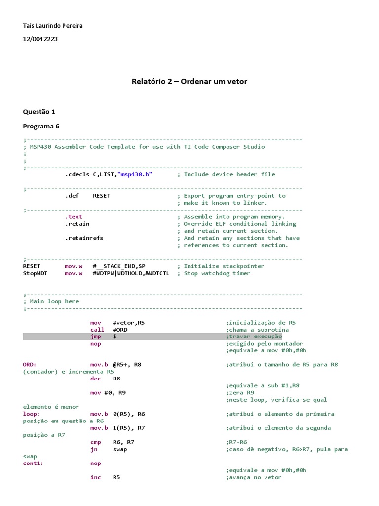 Códigos para Ordenar Vetor em Assembly - MSP430 | PDF | Estrutura de ...