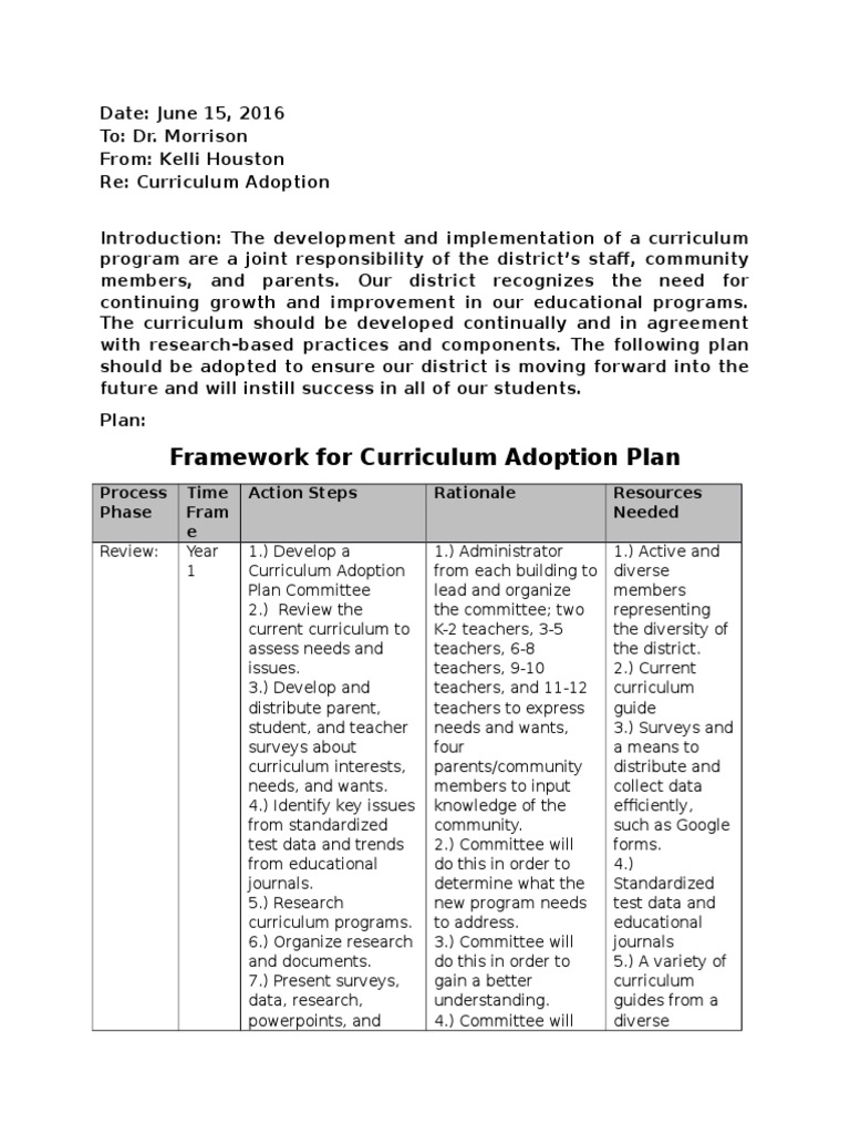 Curriculum Adoption Plan Overview | PDF | Curriculum | Educational ...