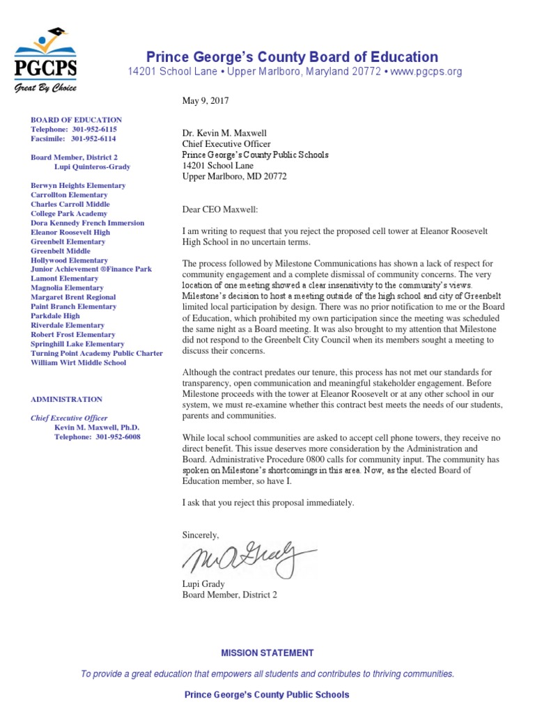 PGCPS School Board Member Lupi Grady's Letter in Opposition To School ...