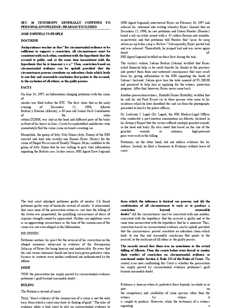 Evidence Cases Rule 130 Sec 36 To Rule 131 | PDF | Hearsay | Evidence (Law)