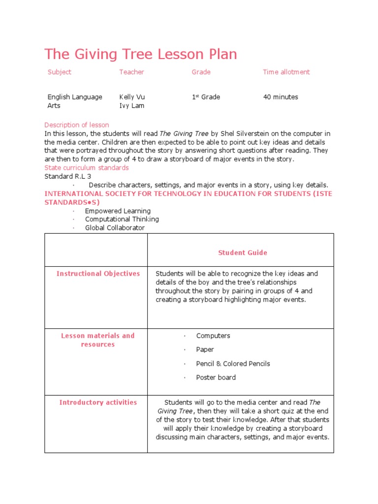 The Giving Tree Lesson Plan: Subject Teacher Grade Time Allotment | PDF | Lesson Plan | Teaching