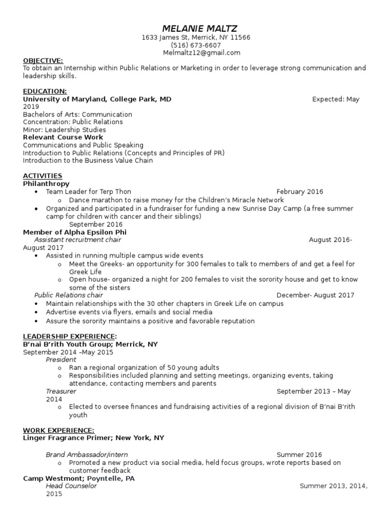 Resume | PDF | Fraternities And Sororities | Public Relations