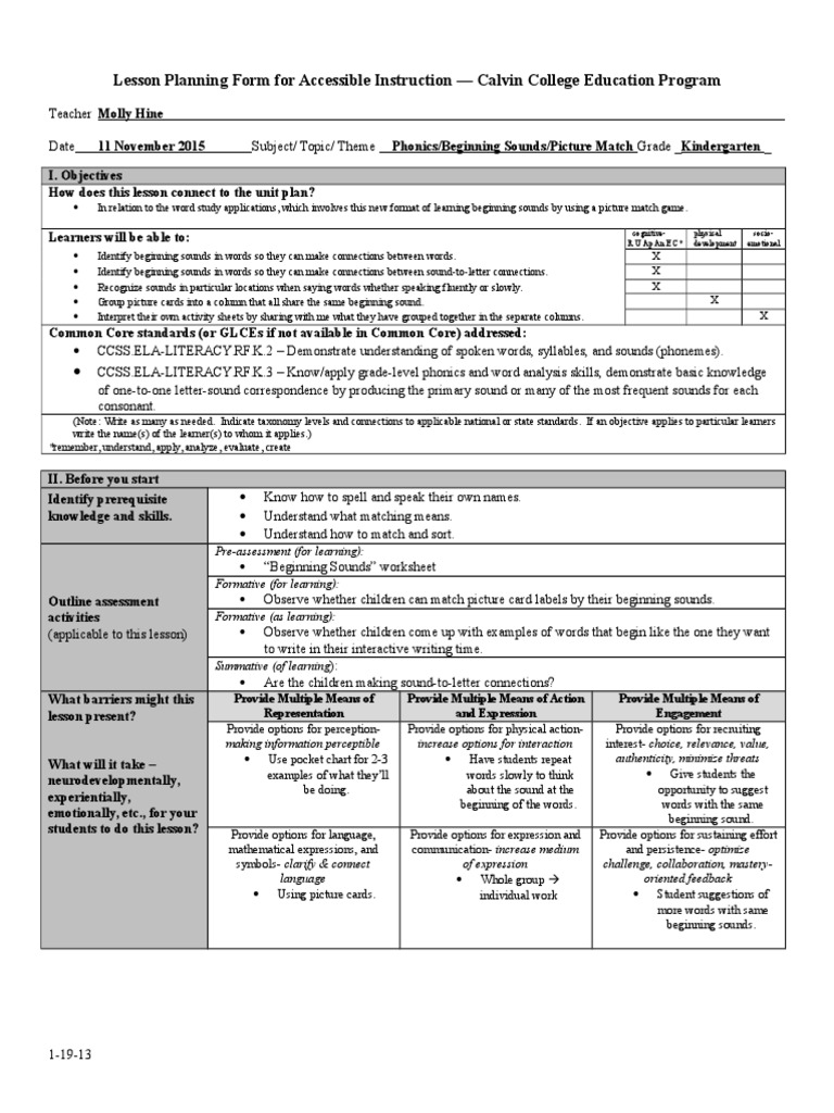 Final Lesson Plan 1 | PDF | Phonics | Learning