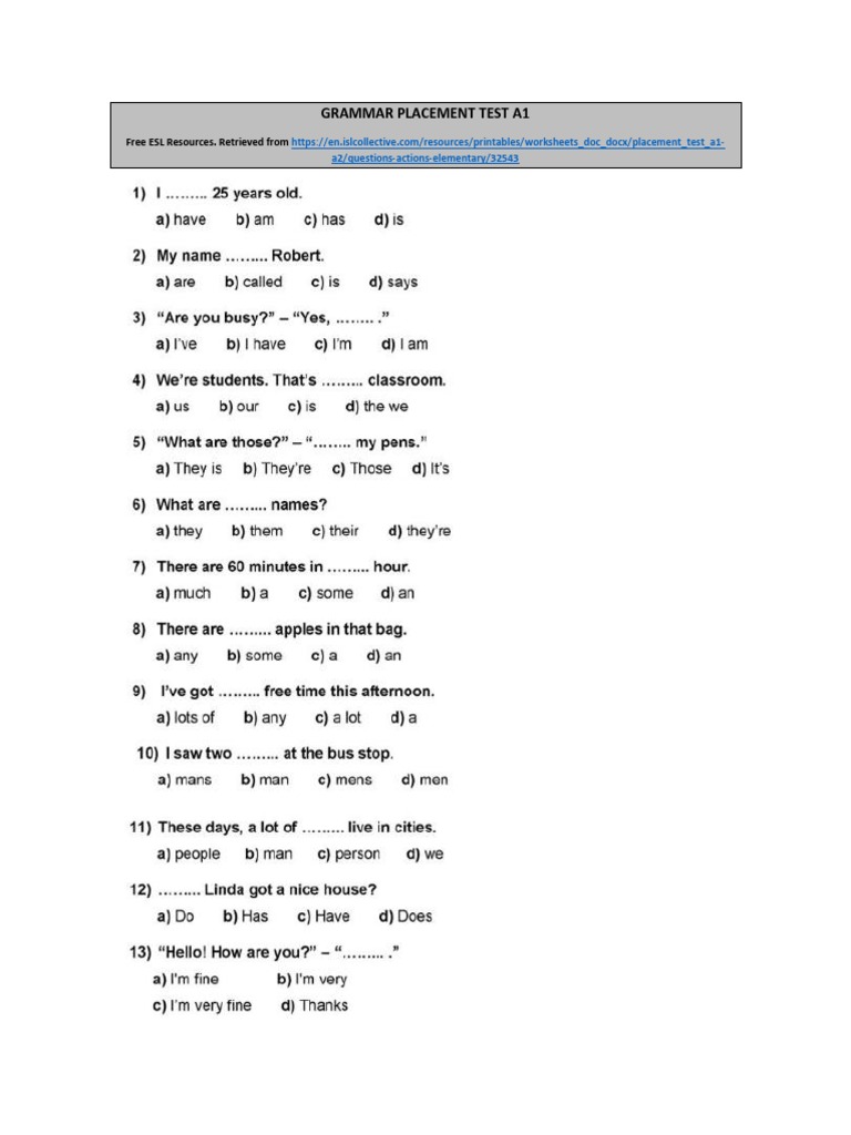 Grammar Placement Test A1 | PDF
