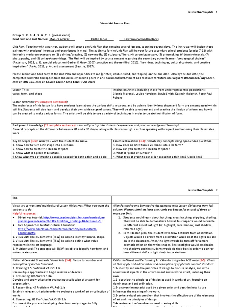 Visual Art Lesson Plan: Form and Value | PDF | Lesson Plan | Cognitive ...