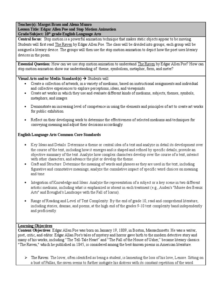 Stop Motion Animation Lesson Plan Margot and Alena | PDF