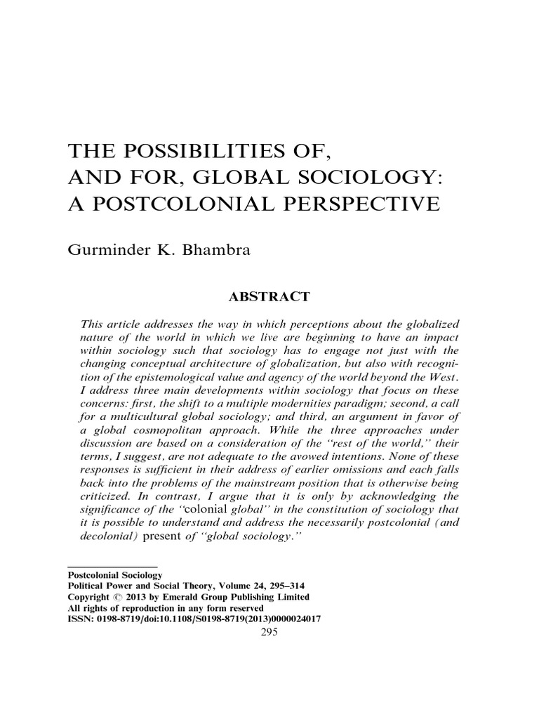 The Possibilities Of, and For, Global Sociology: A Postcolonial ...
