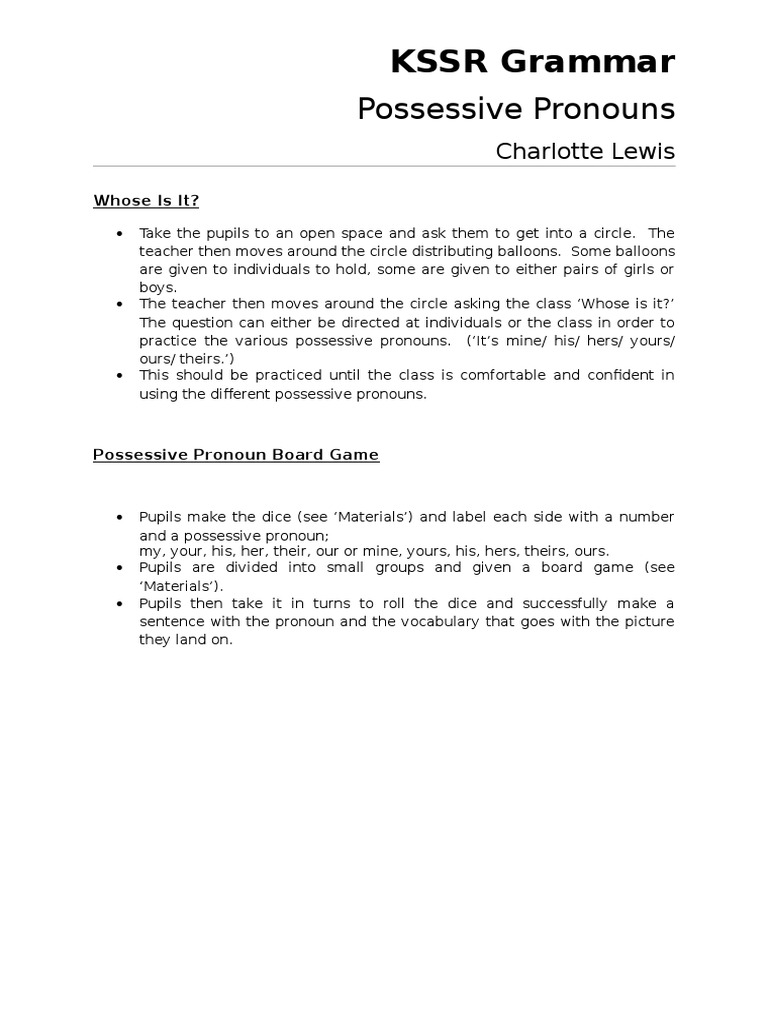 Possessive Pronouns Activities | PDF