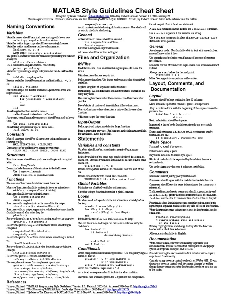 Matlab Style Guidelines Cheat Sheet PDF | PDF | Control Flow | Variable (Computer Science)
