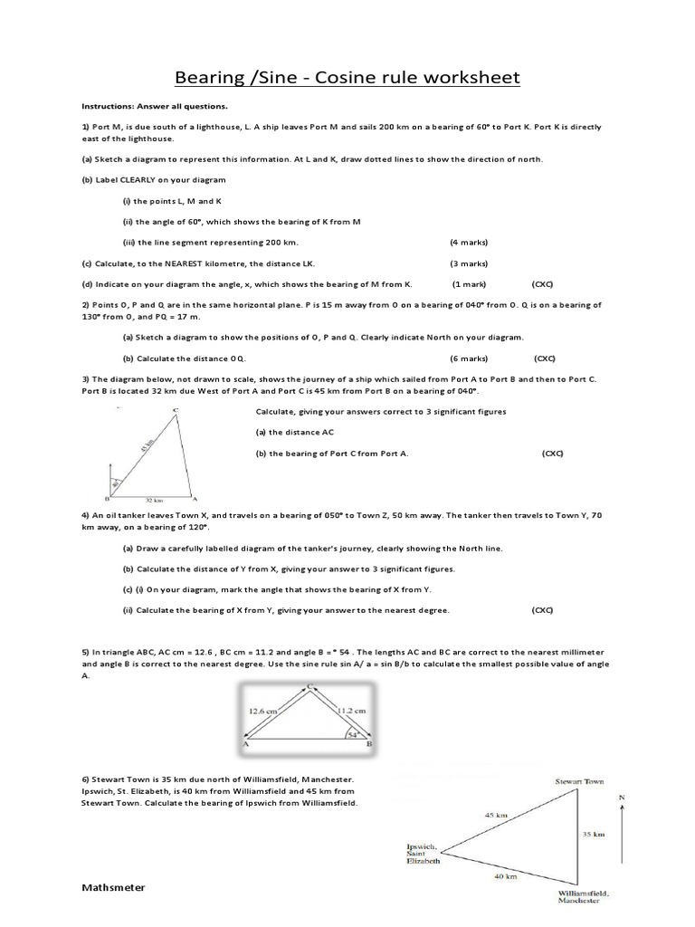 Bearings, Sine Rule & Cosine Rule Worksheet MathsMeter | PDF | Sine ...