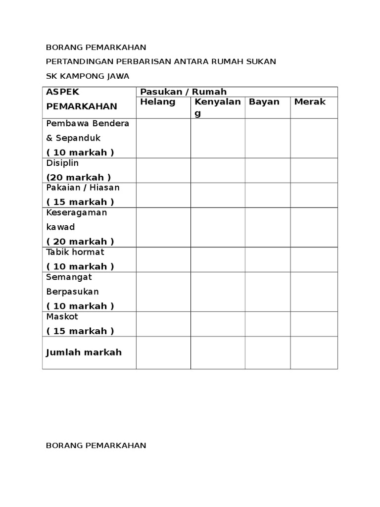Contoh Borang Pemarkahan Rumah Sukan - Mathew Fields