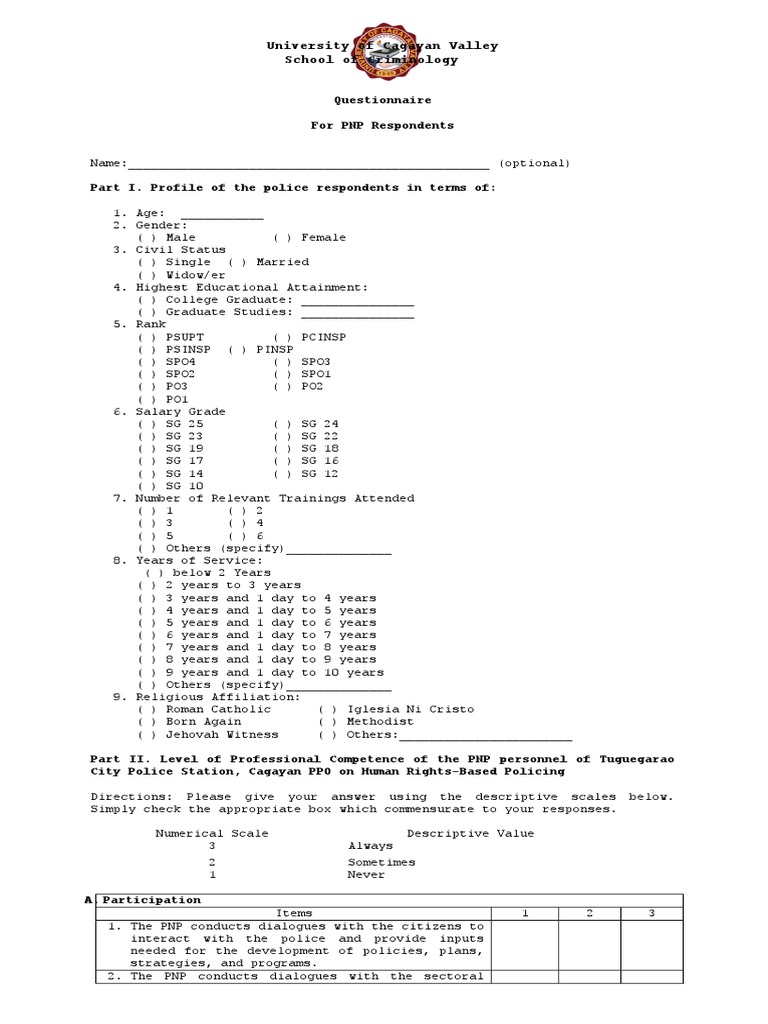 Questionnaire For PNP Respondents: University of Cagayan Valley School ...
