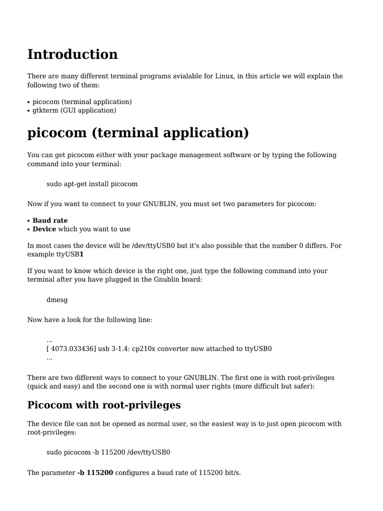 Picocom With Root-Privileges: Baud Rate Device Which You Want To Use ...