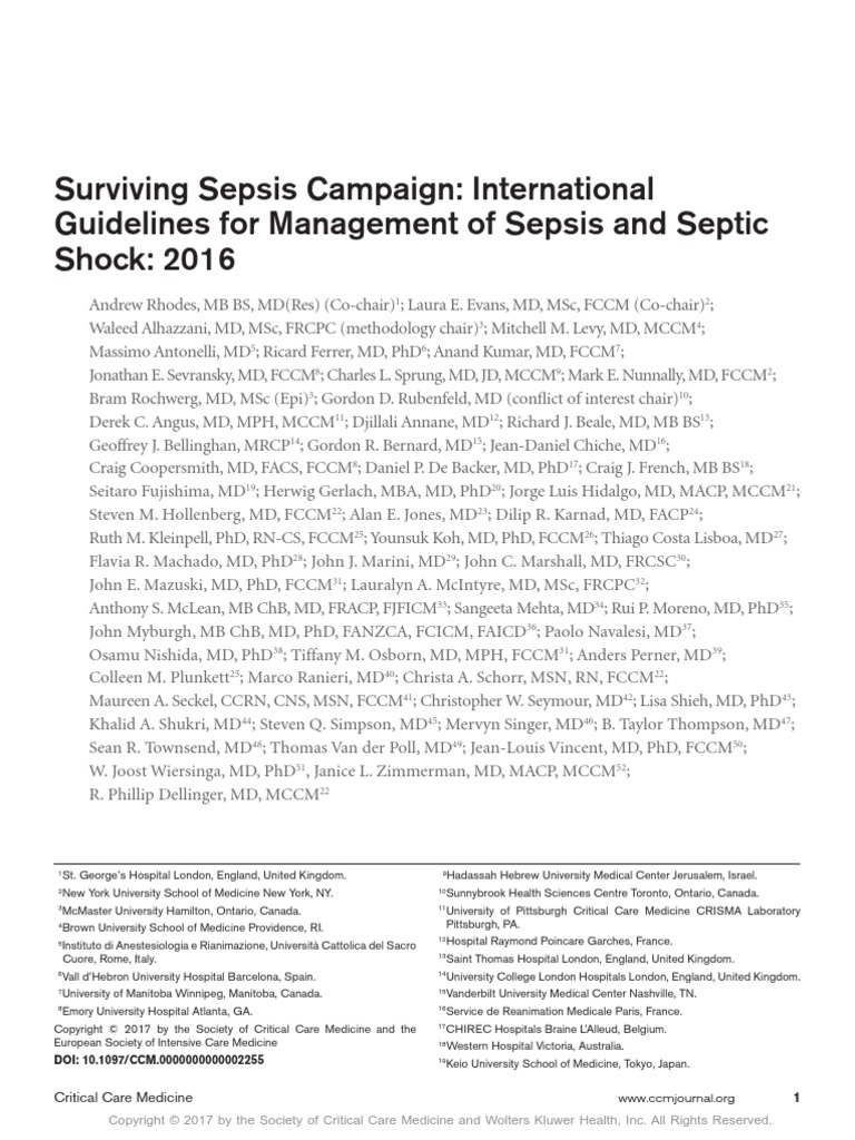 2016 Surviving Sepsis Campaign International Guidelines For Management ...