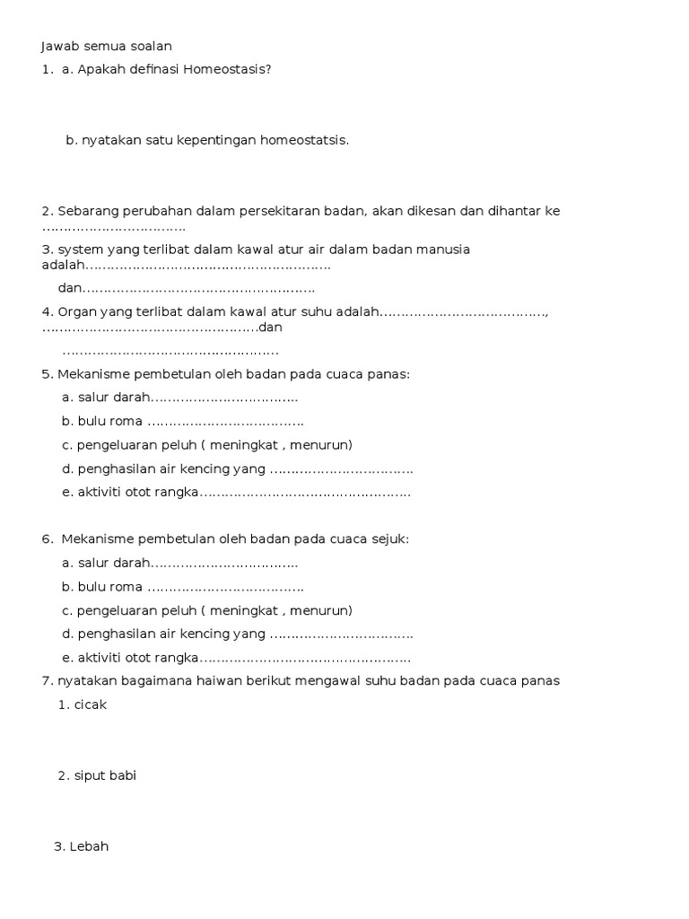 Exam Form 1 Homeostasis | PDF
