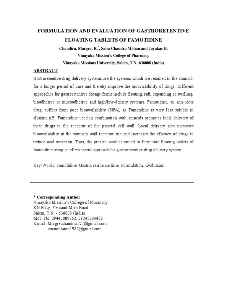 Famotidine Floating Tablets Formulation And Evaluation Pdf Tablet