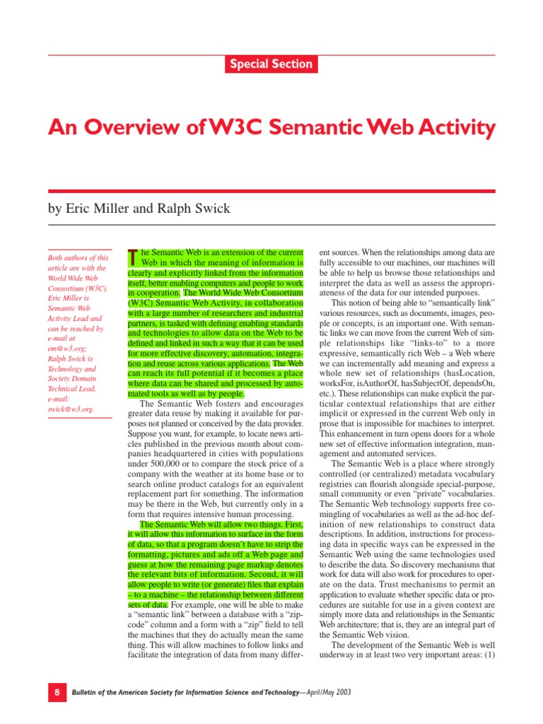 An Overview of W3C Semantic Web Activity: by Eric Miller and Ralph ...