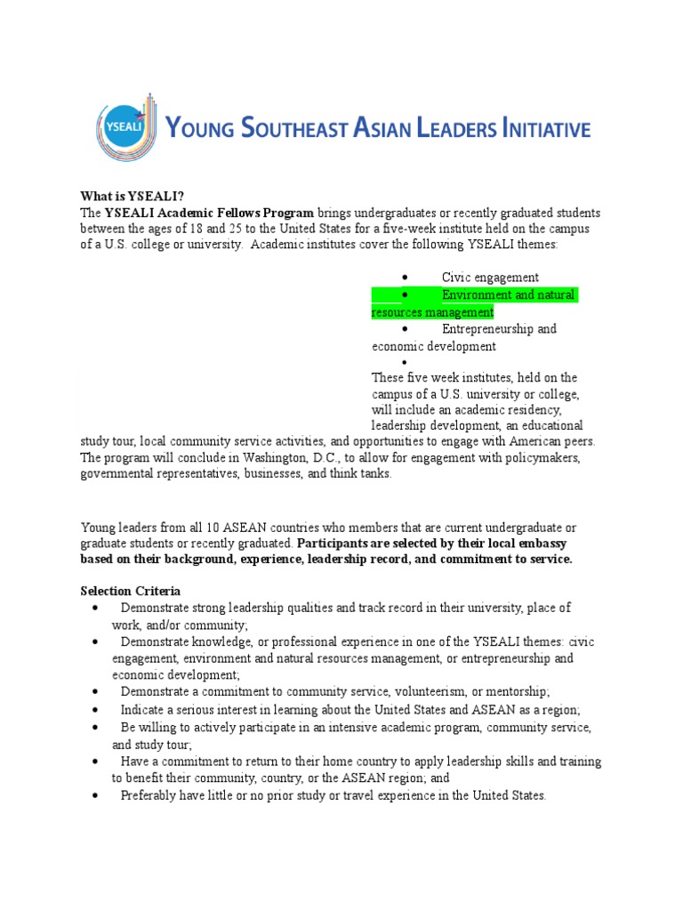YSEALI Overview 2016 | PDF | Graduate School | Leadership