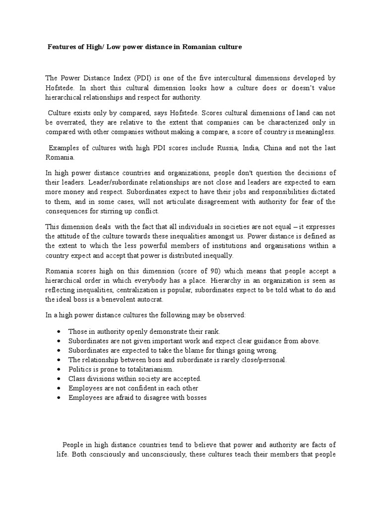 Features of High/ Low Power Distance in Romanian Culture | PDF ...